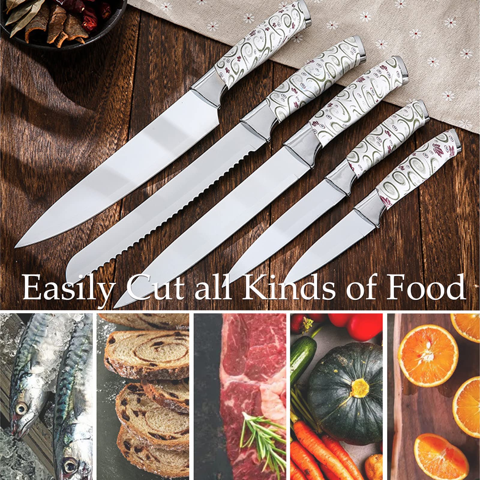 Knife Set for Kitchen, Retrosohoo White 6-Piece Stainless Steel Sharp Block Knife Set with Flower Pattern, Non-stick Non-slip Cooking Knives Set for Cutting Chopping Slicing Dicing