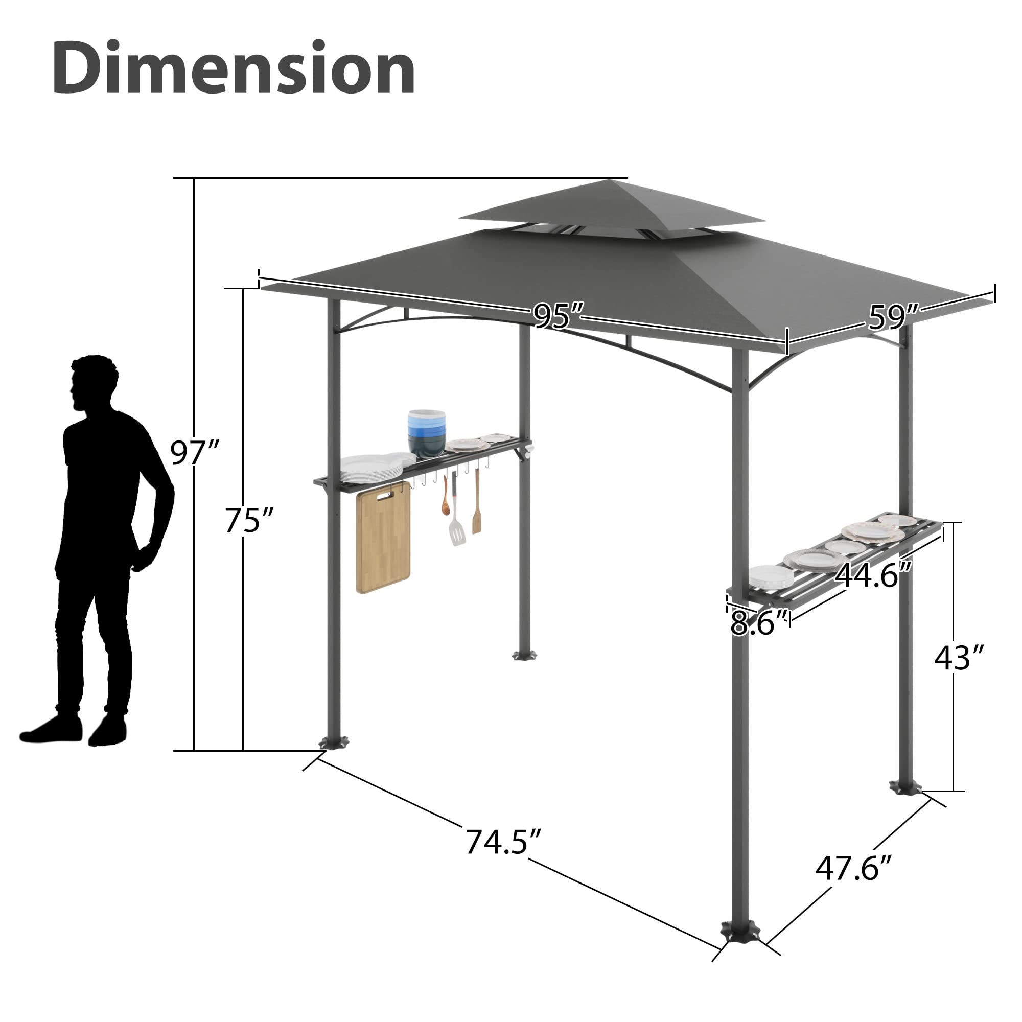 HGPZ 8 x 5 FT Grill Pergola Tent with Air Vent Double Tiered BBQ Gazebo Outdoor Barbecue Canopy, Gray