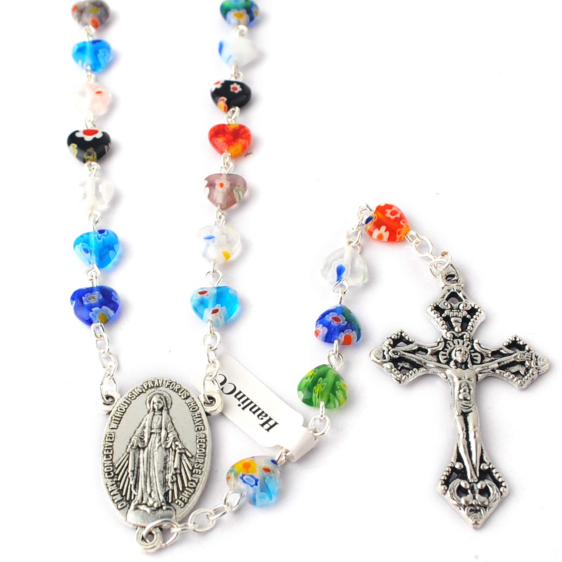 HanlinCC 8mm Multicolor Glass Heart Shape Beads Catholic Rosary with Miraculous Center Piece and Cross