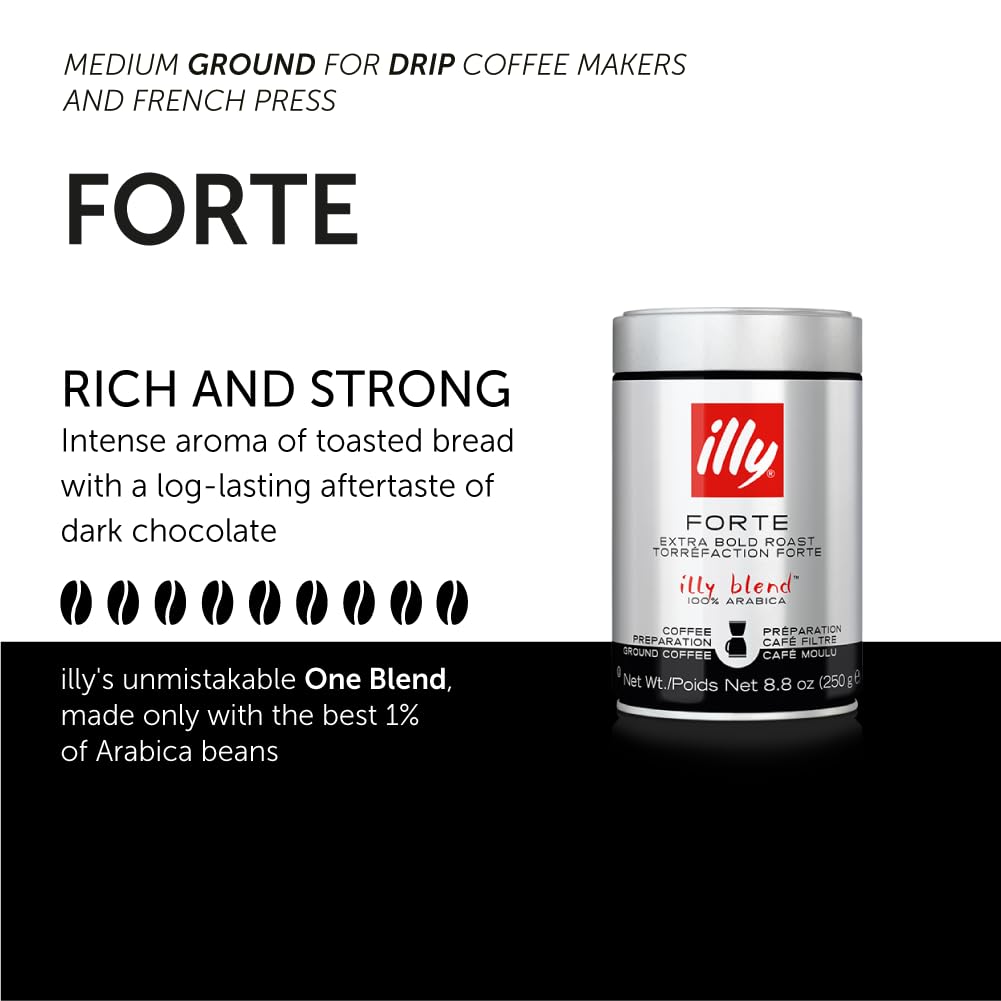 illy Drip Coffee - Ground Coffee - 100% Arabica Ground Coffee β Forte Extra Dark Roast - Notes of Dark Chocolate & Toasted Bread Aroma - No Preservatives β Rich & Strong β 8.8 Ounce