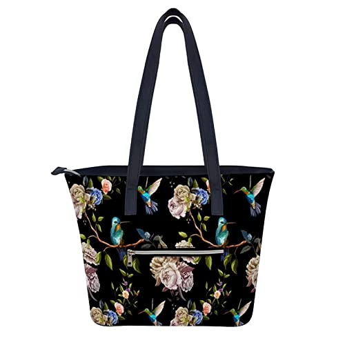 Humming Birds Roses Carnations Women's Tote Bag PU Leather Shoulder Bag Handbags Purse For Work Shopping Travel