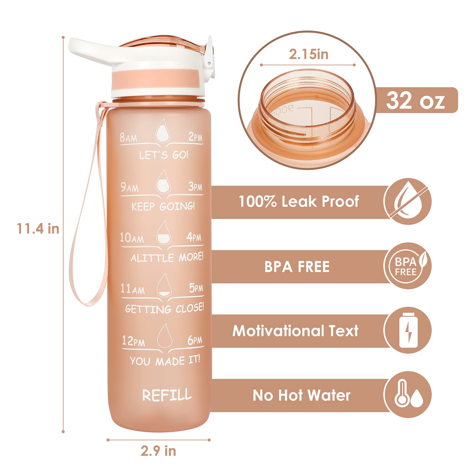 hanmir Motivational Water Bottle, 32 oz Water Bottle, Water Jug with Time Maker and Straw (Orange)
