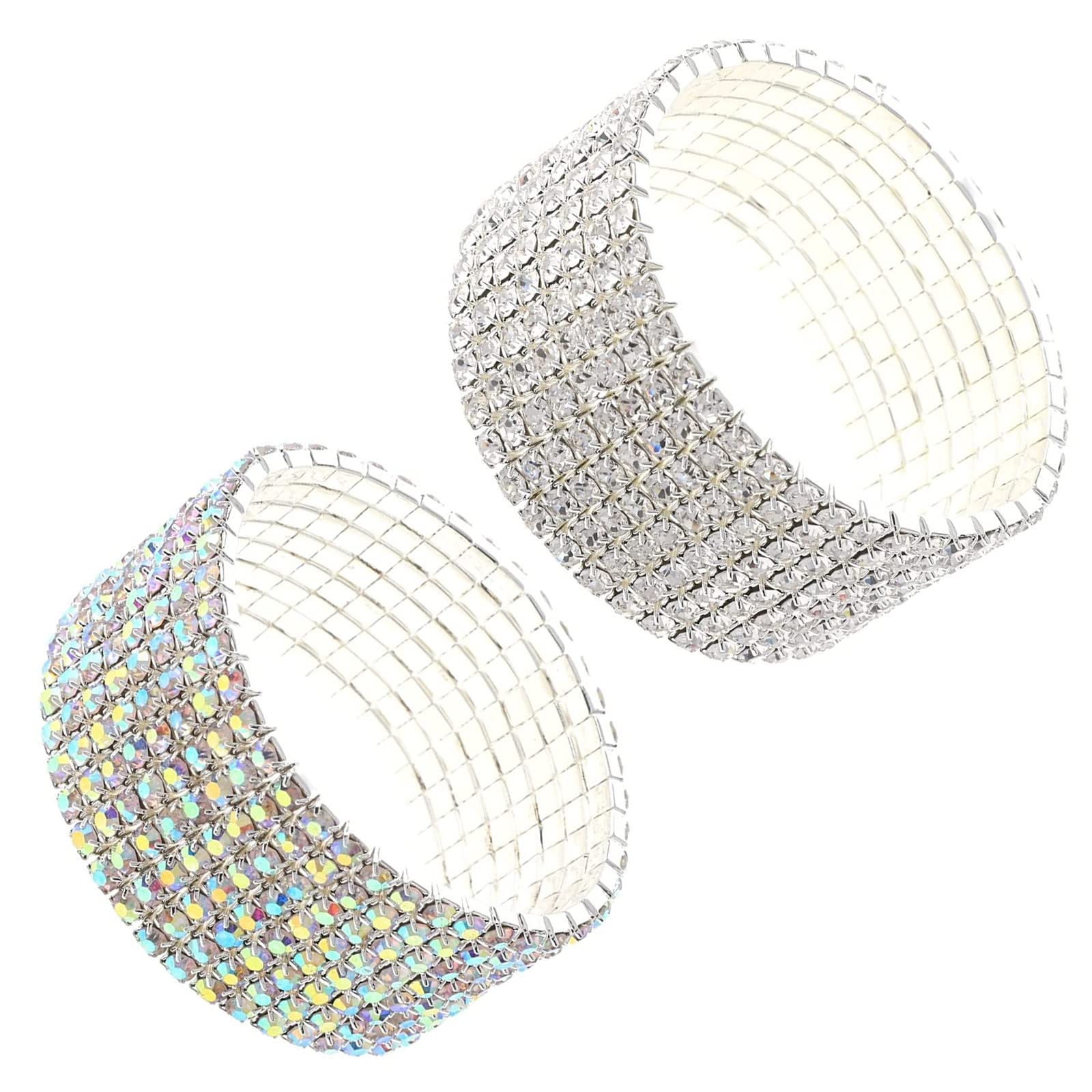 HLIN Rhinestone Bracelet for Women 2Pcs Strand Stretch Silver-tone AB Sparkling Bridal Tennis Bangle