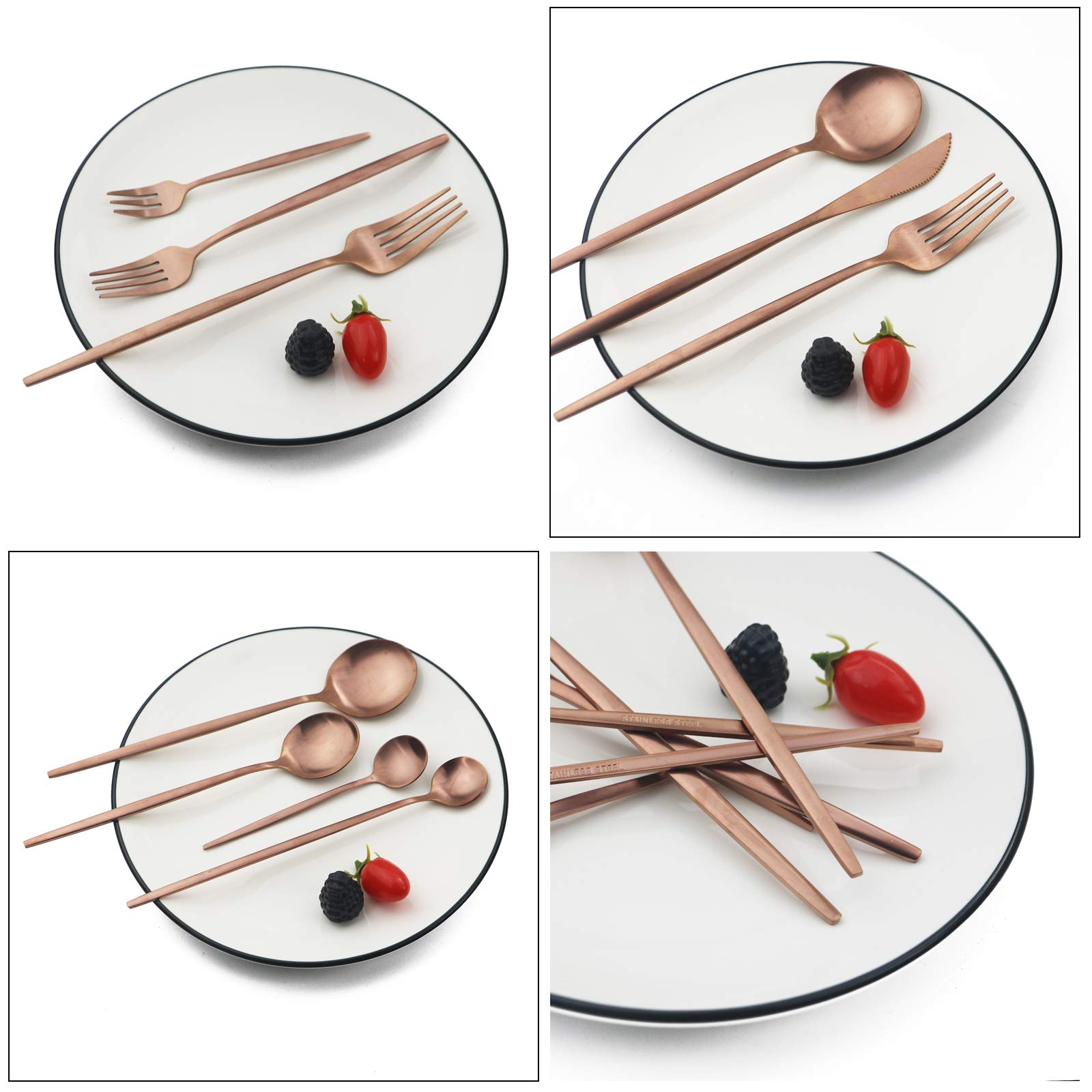JASHII 32-Piece Tableware Set Stainless Steel Flatware Set with Coffee Spoon Long Handle Spoon Premium Cutlery Service for 4 Satin Finish Utensils for Home (Copper)
