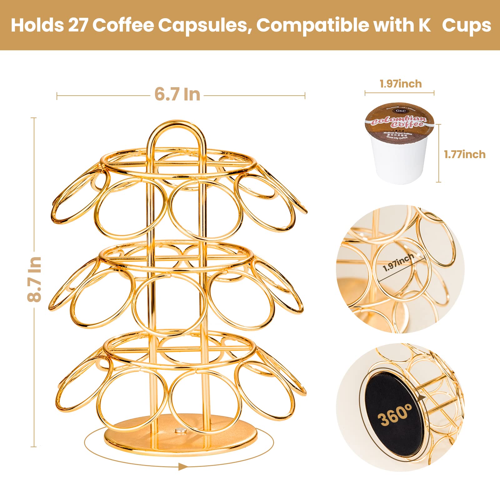 KREWEY Coffee Pod Holder, K Cup Holders,Coffee Pod Storage Compatible with K Cups (27 Pods), Spins 360-Degrees Coffee Pod Carousel Holder Organizer, Modern Gold Design (Round,Shining Gold)