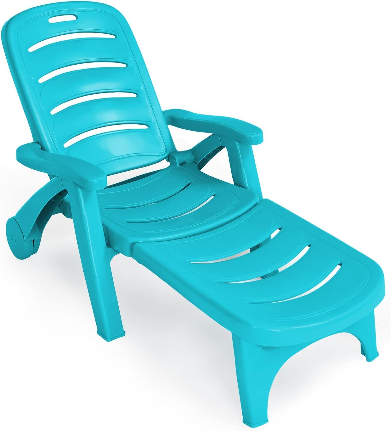 Moccha Plastic Folding Lounge Chair, 5-Position Adjustable Chaise Lounge with 2 Rolling Wheels, Armrest, Outdoor Chaise Chair for Patio, Beach, Backyard, Poolside, Home (1, Turquoise)