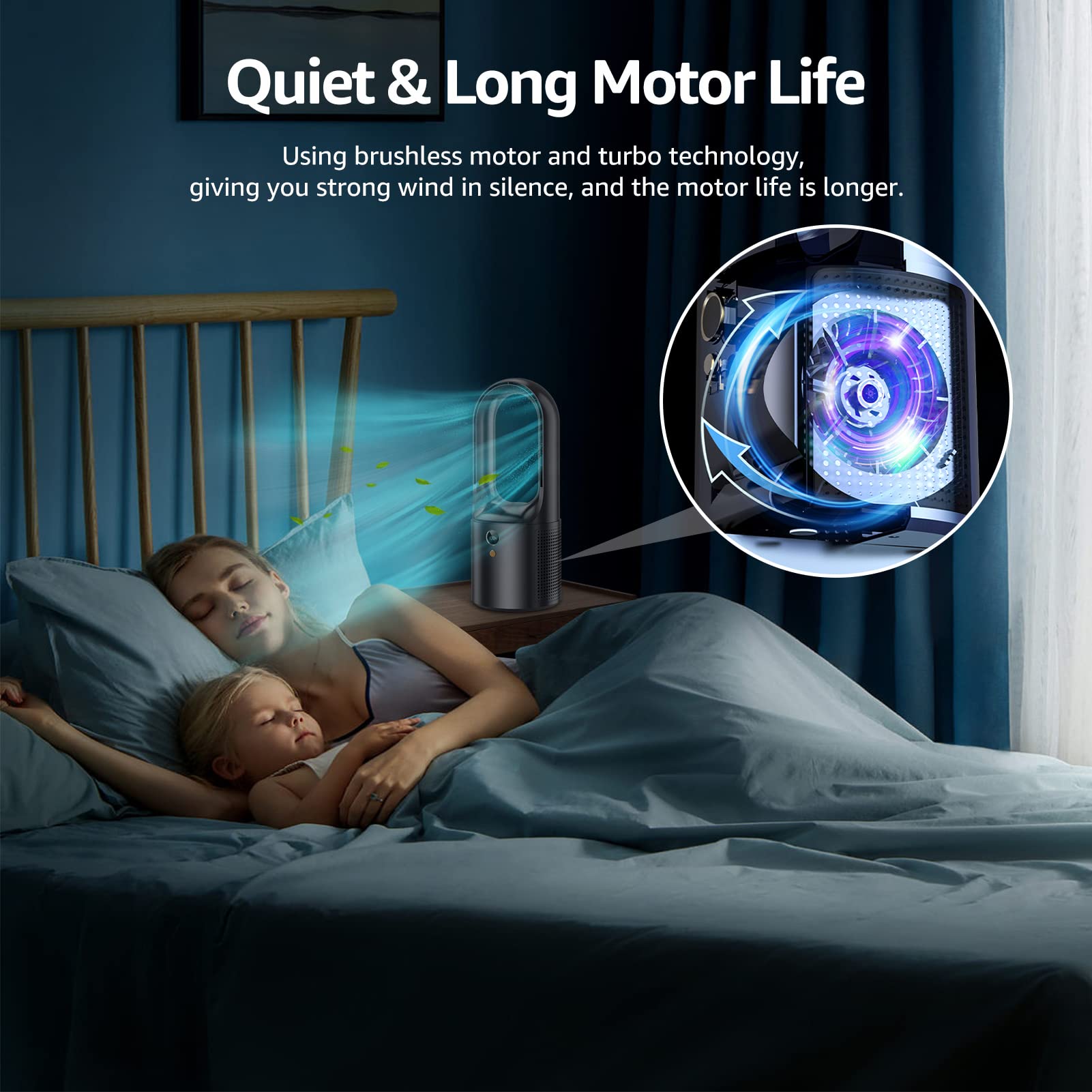 JINJUNYE Desk Fan, 13 Inch Bladeless Fan, Table Fan Small Quiet for Bedroom, Office, Home, 6 Speeds, Rechargeable Fan with Touch Control, Black