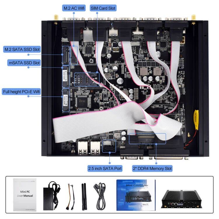 Industrial Fanless Mini Desktop PC Core i7 8GB RAM Mini PC Windows 11 / Linux, Mini Industrial PC 256GB SSD, 4K HD DP EDP Three Screen Displays, Dual NIC, CPU 8550U Fanless PC, Full Metal Case
