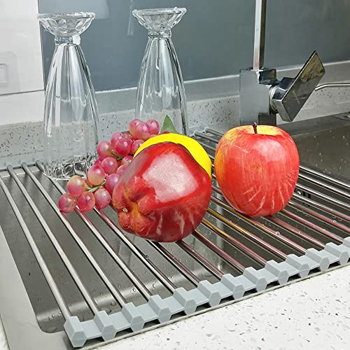 HRAYLTOP Roll Up Dish Drying Rack with Pot Lid Organizer,Plate HolderĀ Rack Over The Sink,Kitchen Foldable Multipurpose HeatĀ Resistant Dish Drainer Rack for Fruits Vegetable and Meat 16.9" x 14.2"