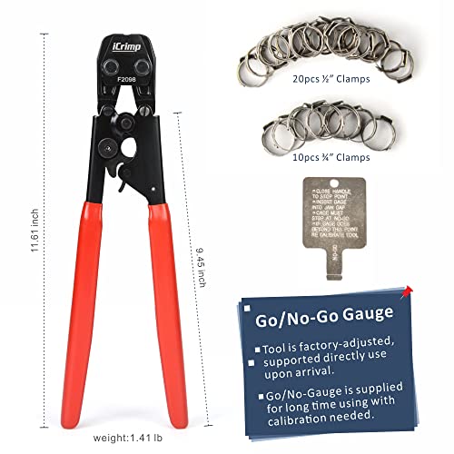 iCrimp PEX Pipe Clamp Cinch Tool Crimping Tool Crimper for Stainless Steel Clamps from 3/8-inch to 1-inch with 1/2-inch 20PCS and 3/4-inch 10PCS SS PEX Clamps