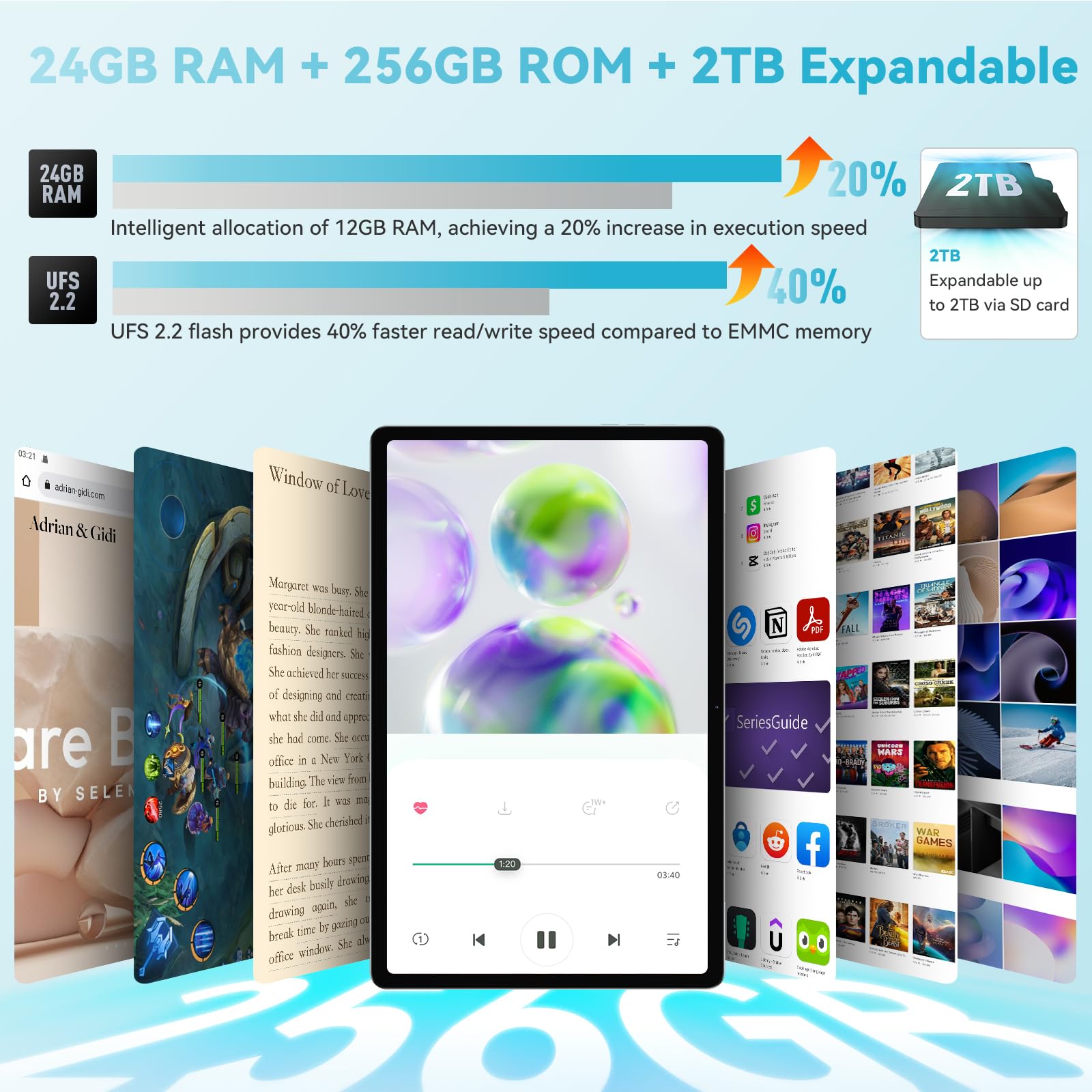 Headwolf 11 Inch Android Tablet, HPad3 Ultra 24GB RAM + 256GB ROM (TF 2TB) TÜV FHD 2K Display 2.2Ghz Octa Core G99 Gaming Tablet, 8MP+25MP Camera, 8500mAh Battery Fast Charge, 2.4G/5G WiFi+4G LTE