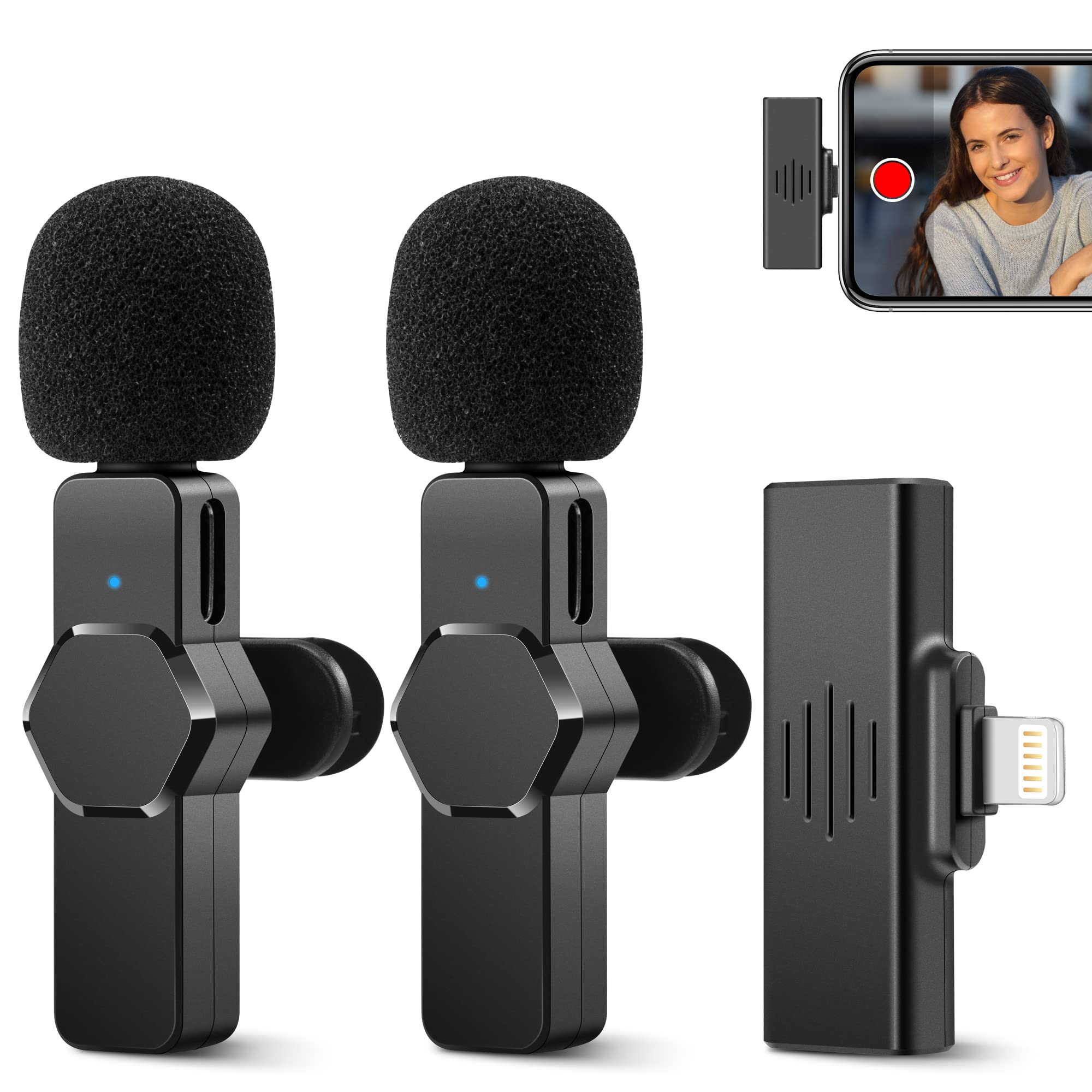 HMKCH 2-in-1 Wireless Lavalier Microphone for iPhone iPad, Plug-Play Wireless Mic for Recording, Live Stream, YouTube, TikTok, Facebook, Vlog, Interview, Noise Reduction Auto-Sync