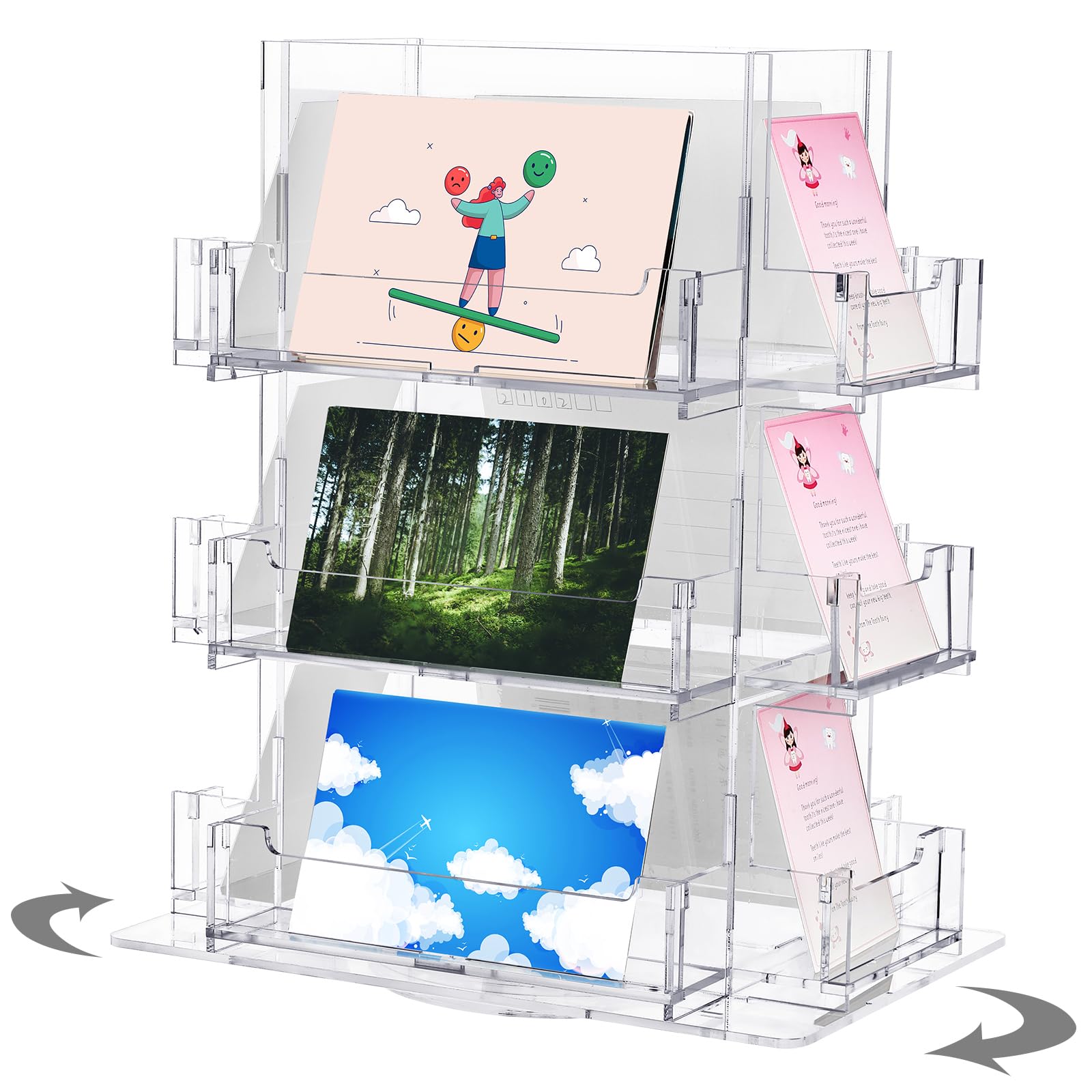 Menkxi 3 Tier Acrylic Rotating Business Card Holder Office Countertop Document Display Stand Spinning Greeting Card Stand Workplace Multi Pocket Brochure Sticker Organizer (Clear,11.81 x 7.87 Inch)