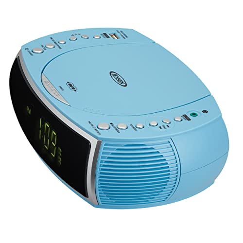 Jensen Sky Blue Modern Home CD Tabletop Stereo Clock Digital AM/FM Radio CD Player Dual Alarm Clock CD Top-Loading Player | USB Charging Port DV 5V 800mA | Headphone Jack | 0.9 Display Green LED
