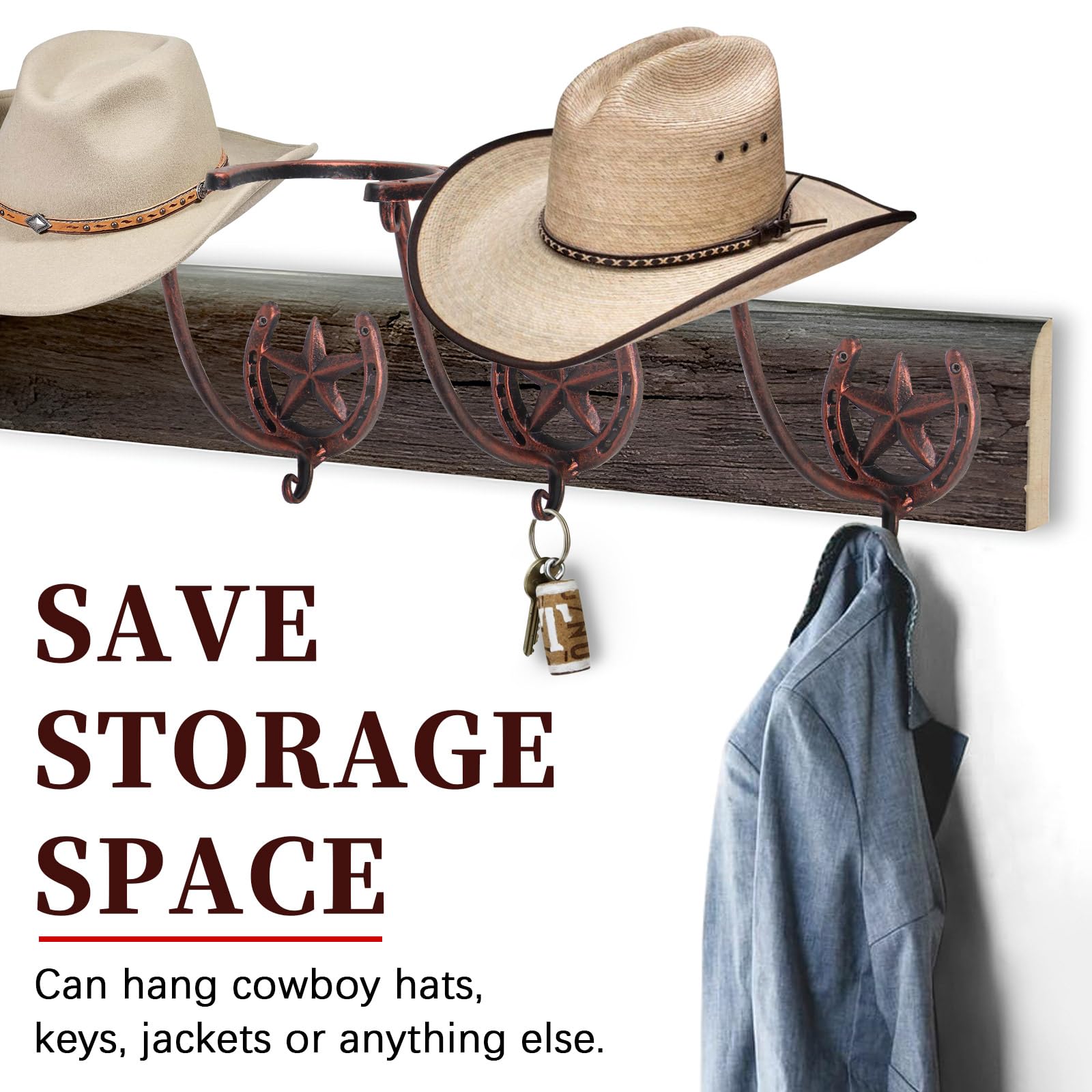 Kilarero Cowboy Hat Rack, 2 Pack Rustic Metal Cowboy Hat Holder with Hooks Horseshoe Cast Iron Hat Hanger for Wall Western Home Decor Storage and Display - Keeps Original Shape