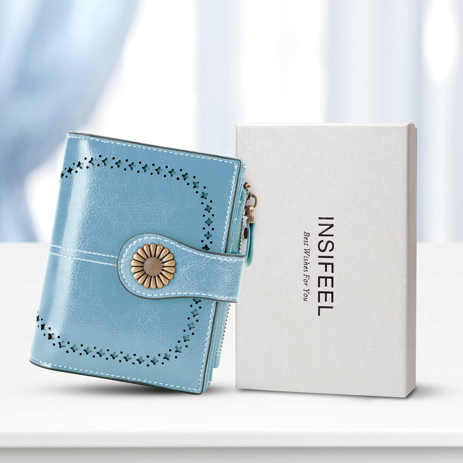 INSIFEEL Small Wallet for Women Genuine Leather Bifold Ladies Purse with ID Window (Light Blue)