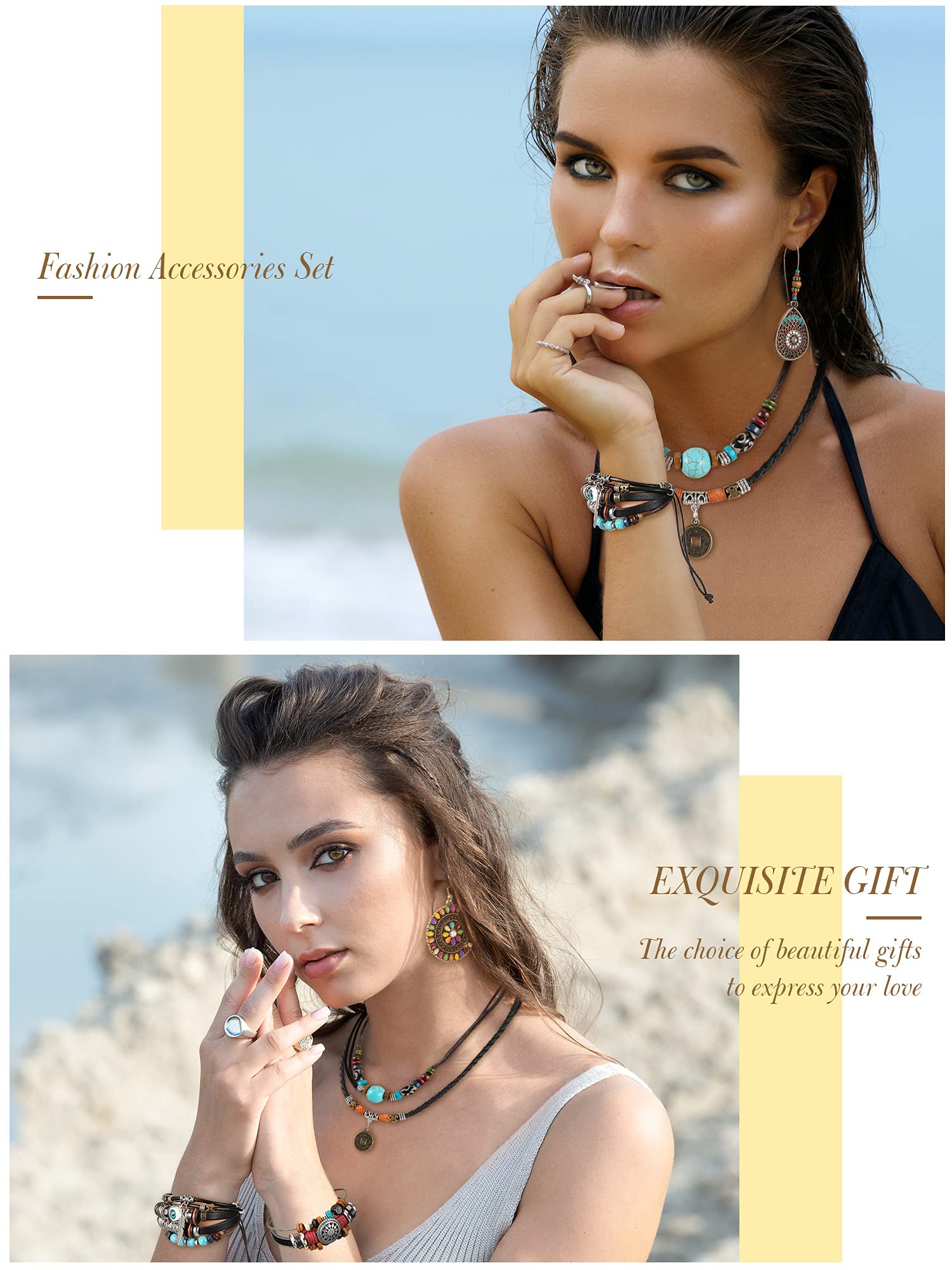 Hicarer 9 Pieces Bohemian Vintage Dangle Earrings Set Boho Retro Rhinestone Drop Earrings Multi-layer Beaded Leather Bracelet and Turquoise Bead Necklace Jewelry for Women