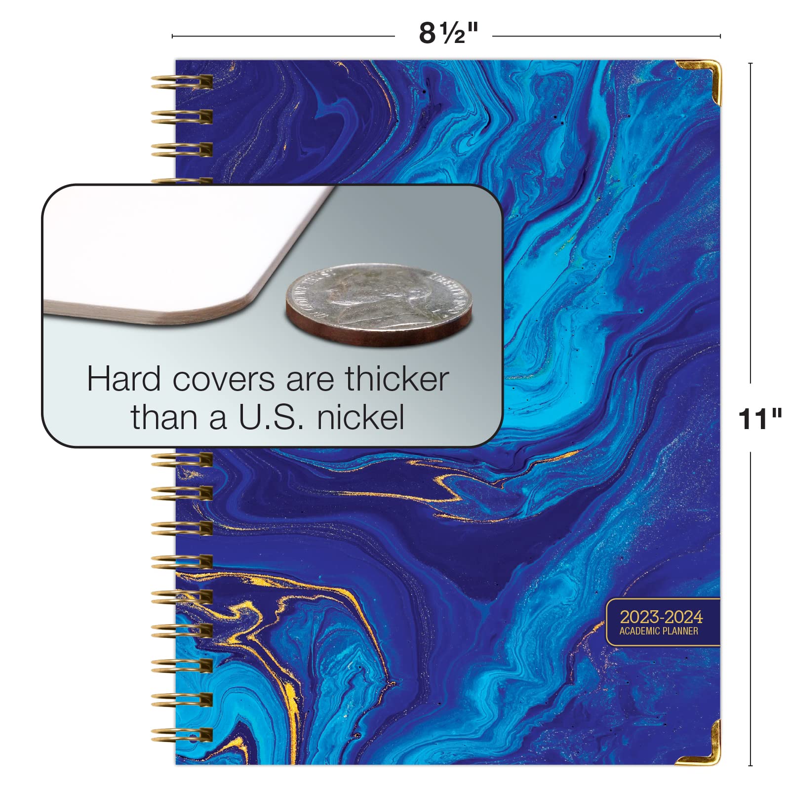 HARDCOVER Academic Year 2023-2024 Planner: (June 2023 Through July 2024) 8.5"x11" Daily Weekly Monthly Planner Yearly Agenda. Bookmark, Pocket Folder and Sticky Note Set (Dark Blue Marble)