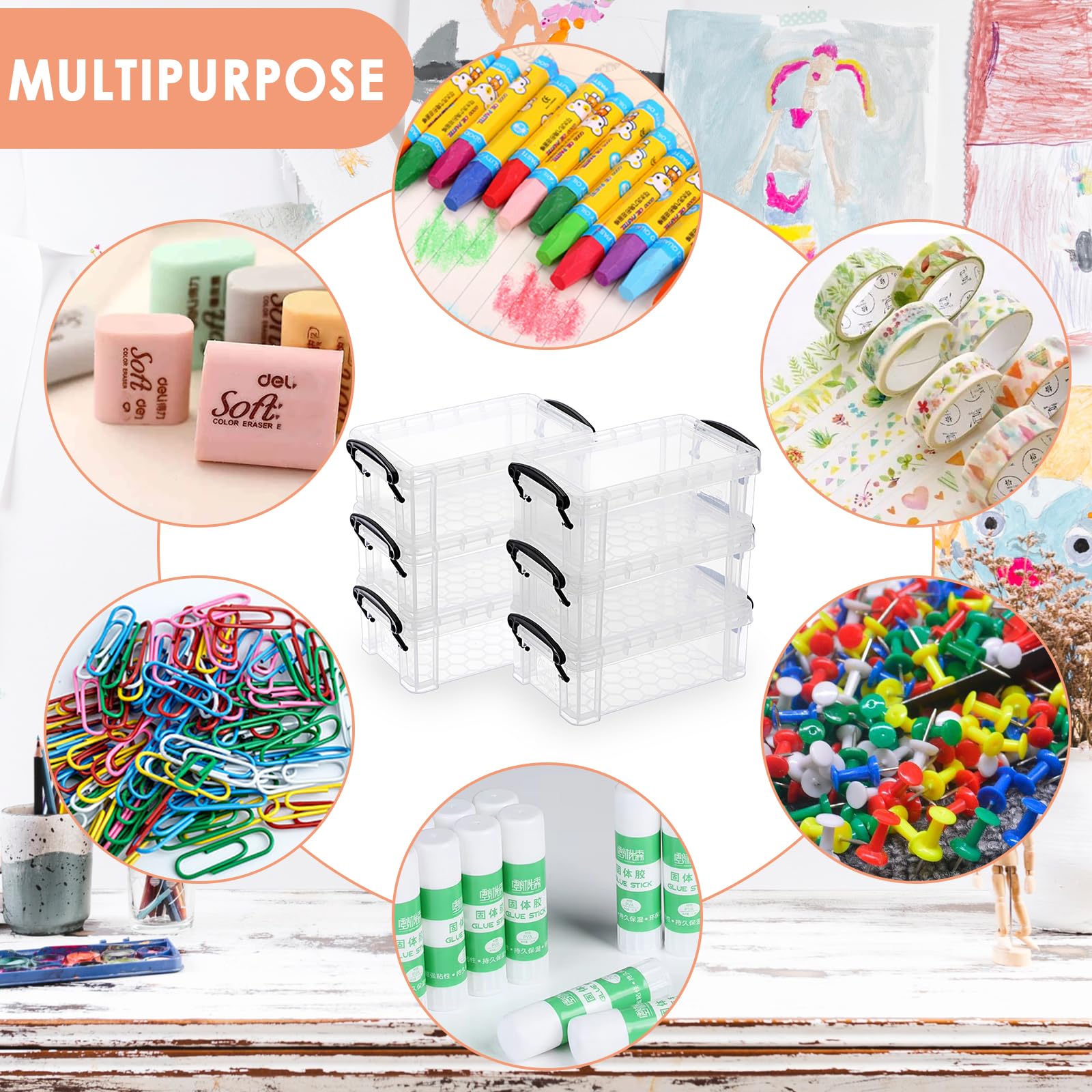 OGANAZI 6 PCS Clear Plastic Crayon Boxes with Snap Lids, Small Crayon Storage Box Stackable Crayon Container Box Multipurpose Mini Storage Container for Crayons, Chalks, Paper Clips and More
