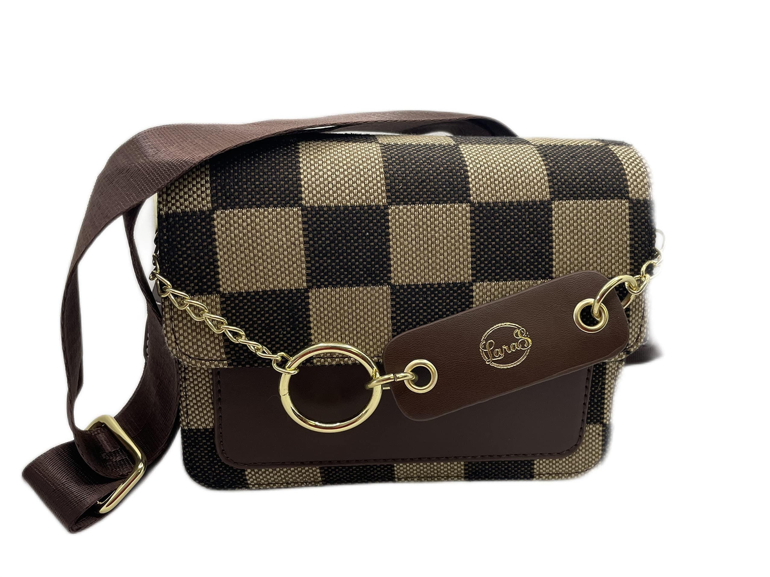LaraS Womens Small/Medium Shoulder/Cross Body Purse Checkered Hand bag Magnetic Closure Removable strap (Black)