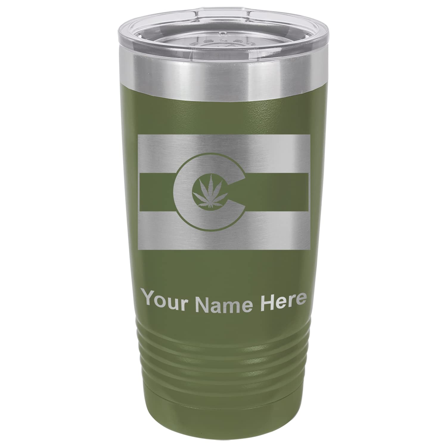 LaserGram 20oz Vacuum Insulated Tumbler Mug, Flag of Colorado With Marijuana Leaf, Personalized Engraving Included (Camo Green)
