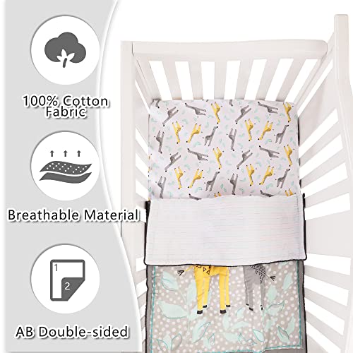 Honkaii Crib Bedding Set for Boys or Girls 3 Piece, Crib Sheet, Crib Skirt, Crib Comforter Included, Grey Crib Set for Boys, 100% Cotton Baby Nursery Bedding Decor, Jungle Giraffe Theme