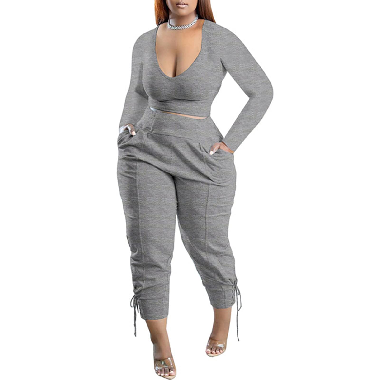 IyMoo Women Plus Size 2 Piece Sweatsuit Outfits Long Sleeve V Neck Crop Top + High Waisted Leggings Jogger Set Gray 4X