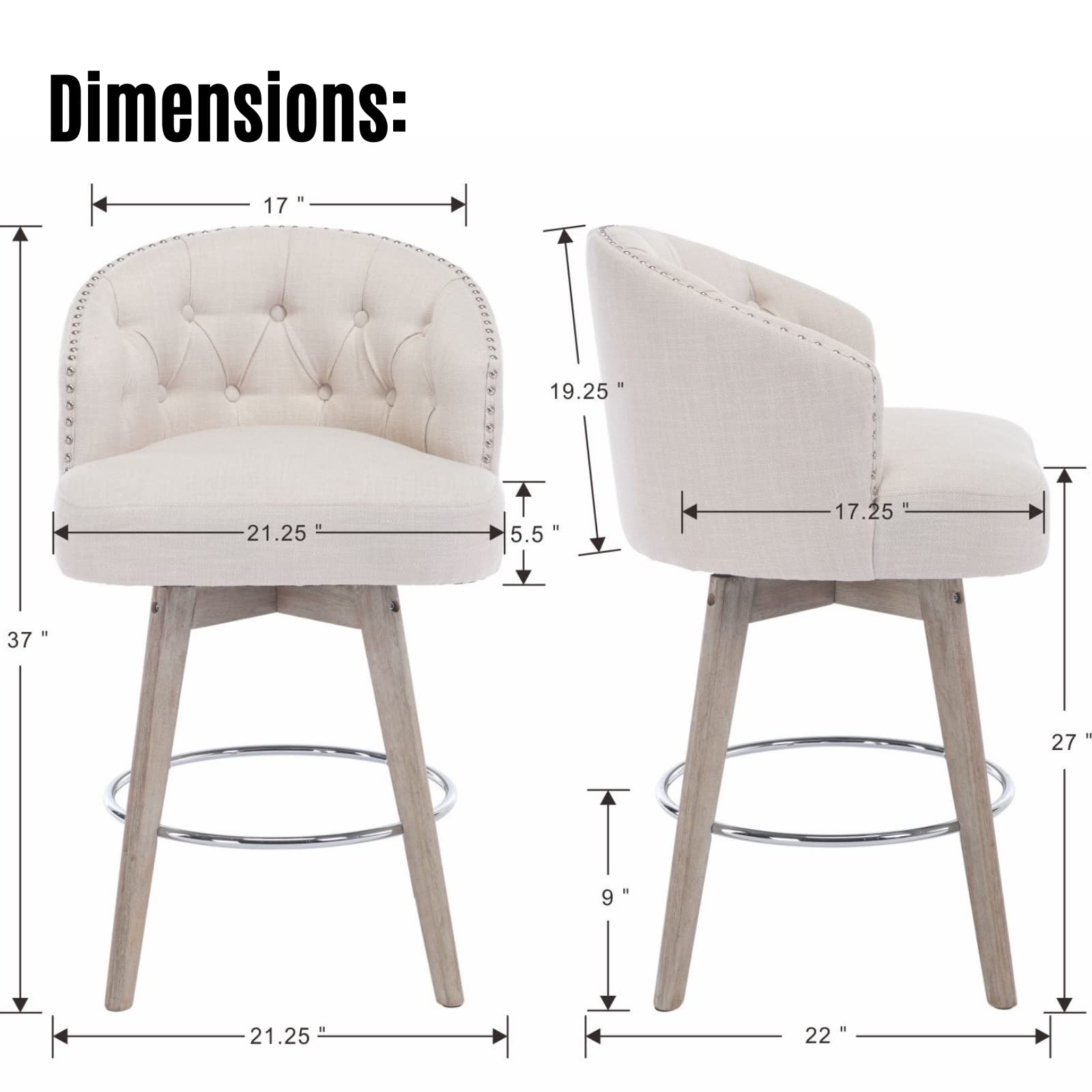 LukeAlon Linen Swivel Counter Stools Set of 4, Upholstered 27" Seat Height Low Barstools with Wood Legs Classic Button Tufted Back Counter Heighth Bar Chairs with Rivet for Kitchen Dining Room, Beige