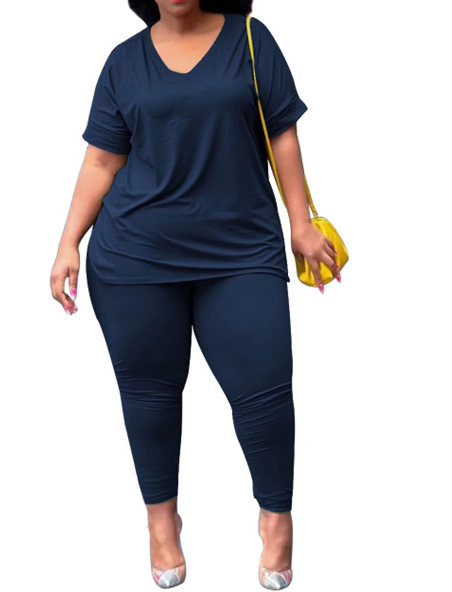 IyMoo Women's Plus Size 2 Piece Outfit - Casual Short Sleeve V Neck T-Shirts Workout Tracksuit Bodycon Pants Set Jumpsuit Rompers Navy Blue XL