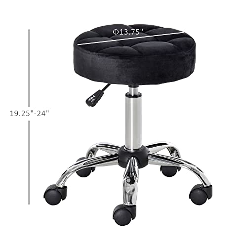 HOMCOM Round Rolling Stool with Height Adjustable Lift, Vanity Chair with Luxury Style Upholstery, Office Chair with Swivel Seat and Wheels for Work Spa Salon, Black