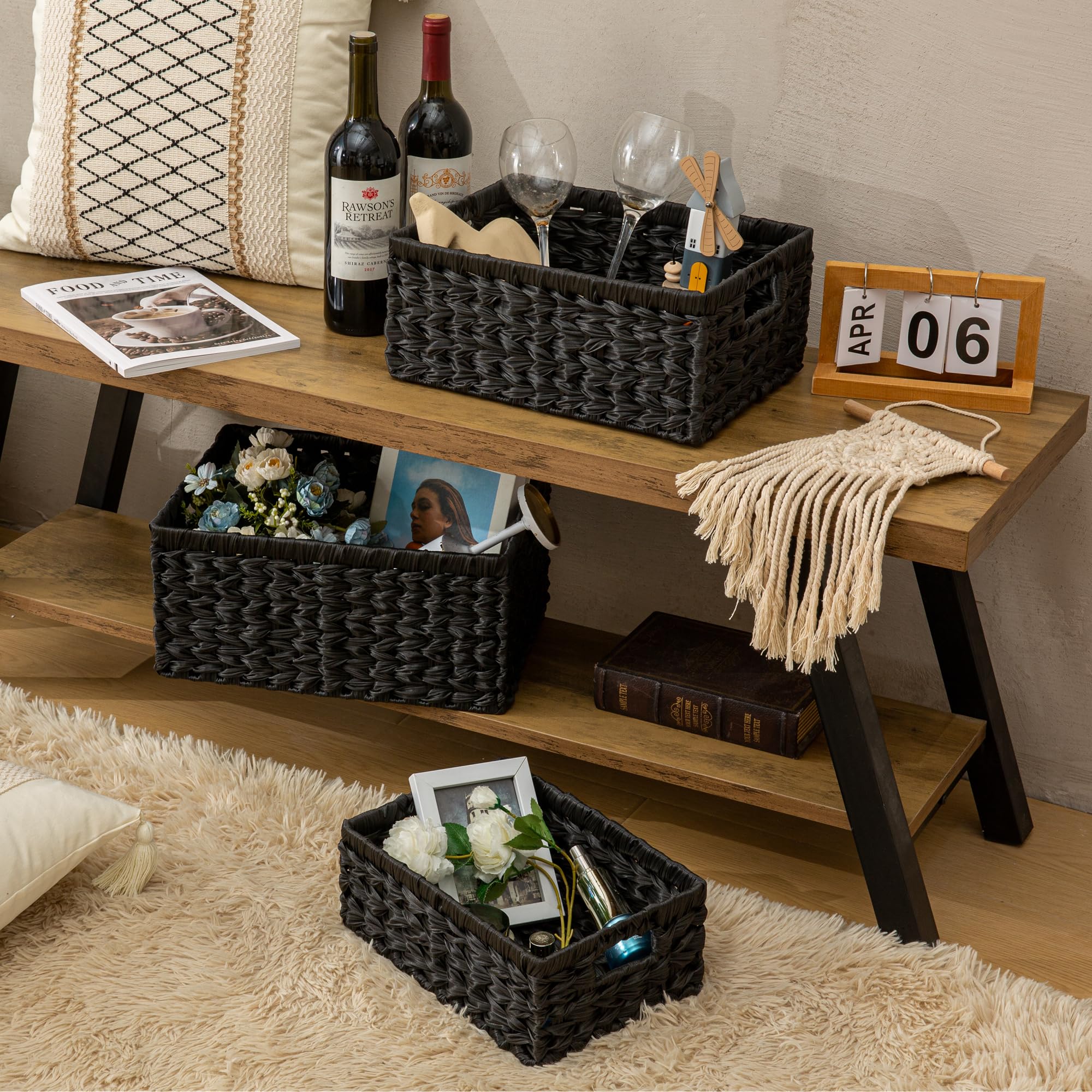 Homepeaz Set of 3 Wicker Storage Baskets, Decorative Baskets With Built-in Handles, Multipurpose Nesting Countertop Baskets for Shelves, Pantry, Kitchen Organizers, Bathroom, Toilet, Closet (Black)