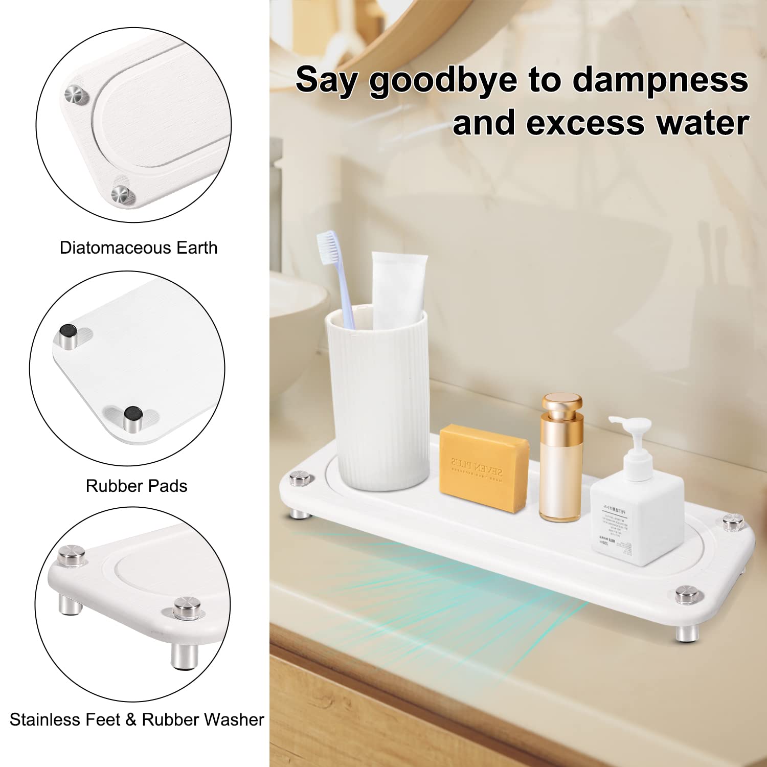 Instant Dry Sink Organizer 2PCS, Sponge Holder Fast Drying Stone, Natural Diatomite Material, Soap Holder with Rustproof Stainless Feet, Sink Caddy for Kitchen Bathroom Counter, White