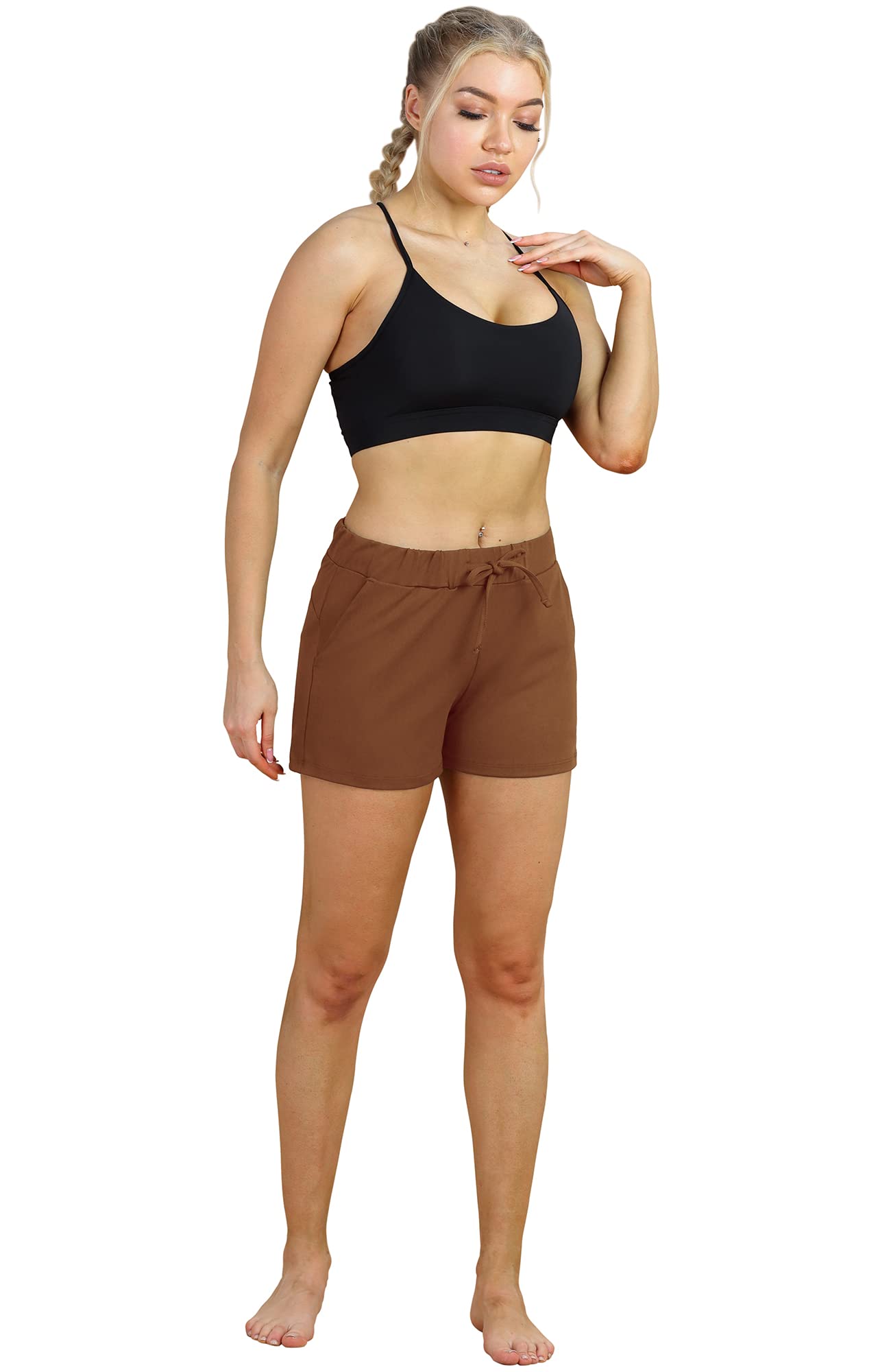 icyzone Running Workout Shorts for Women - Gym Yoga Exercise Athletic Shorts with Pockets (M, Brown)