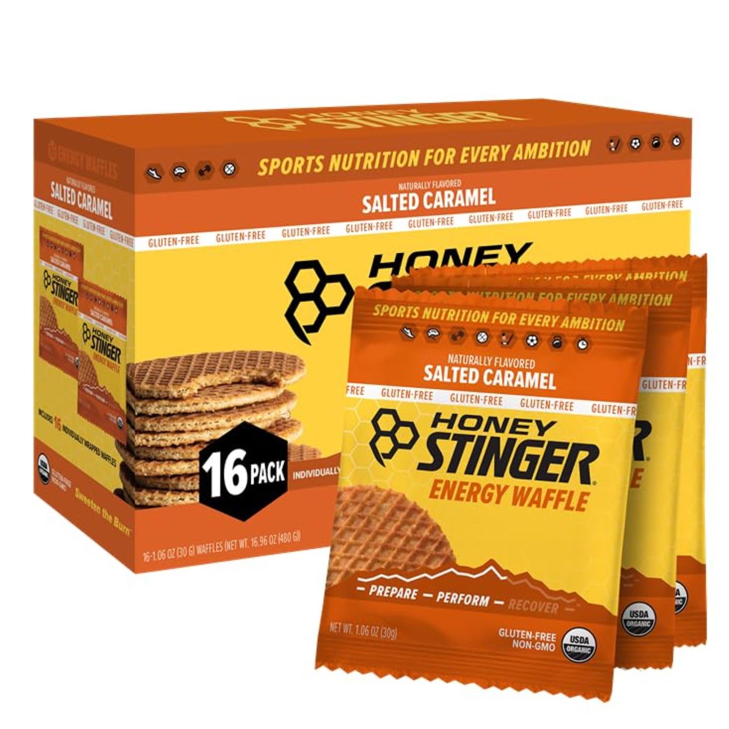 Honey Stinger Organic Gluten Free Salted Caramel Waffle | Energy Stroopwafel for Exercise, Endurance and Performance | Sports Nutrition for Home & Gym, Pre & During Workout | 16 Count