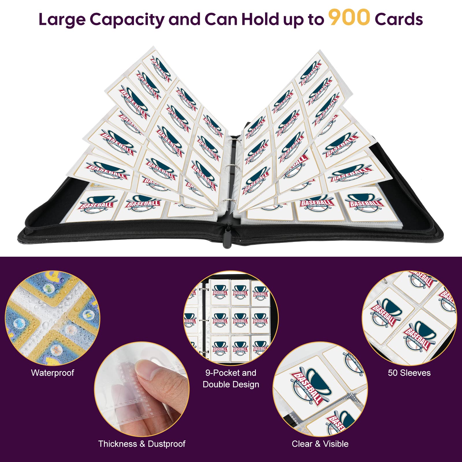 Ideashop 9-Pocket Baseball Card Binder with Removable Sleeves, 33.5cm x 27cm x 4.5cm, Black, Ideal for Collectors