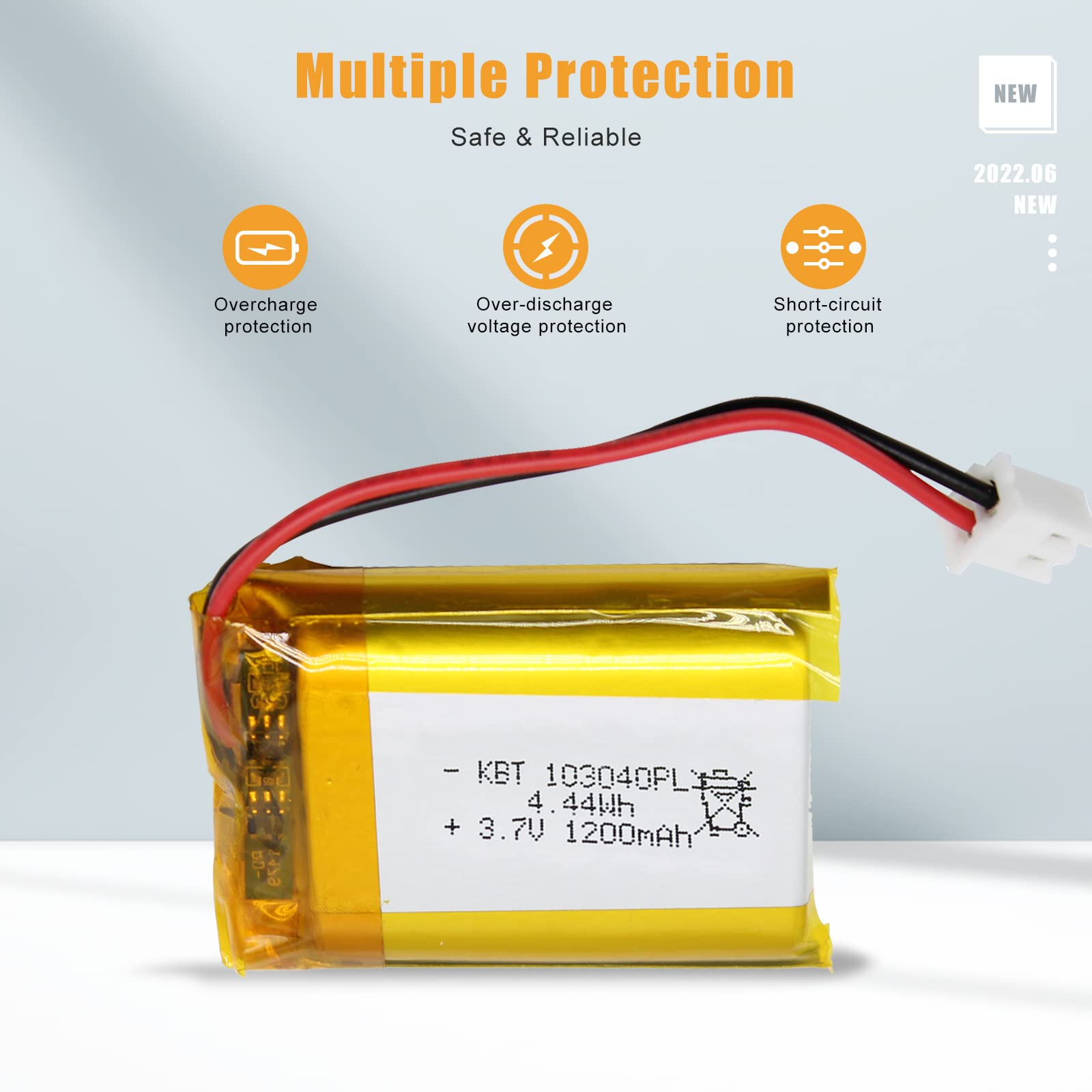 KBT 3.7V 1200mAh Li-Polymer Battery: 103040 Lipo Rechargeable Lithium-ion Replacement Batteries with JST Connector