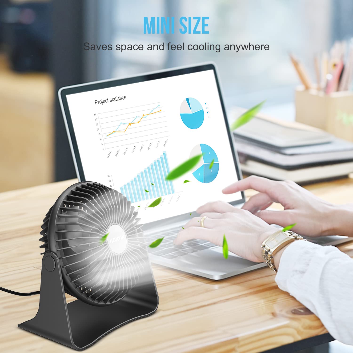 HONYIN Small USB Desk Fan, 3 Speeds Desktop Table Cooling Fan, 360° Rotatable, Strong Wind, Quiet Personal Little Fan Powered by USB for Bedroom Home Office