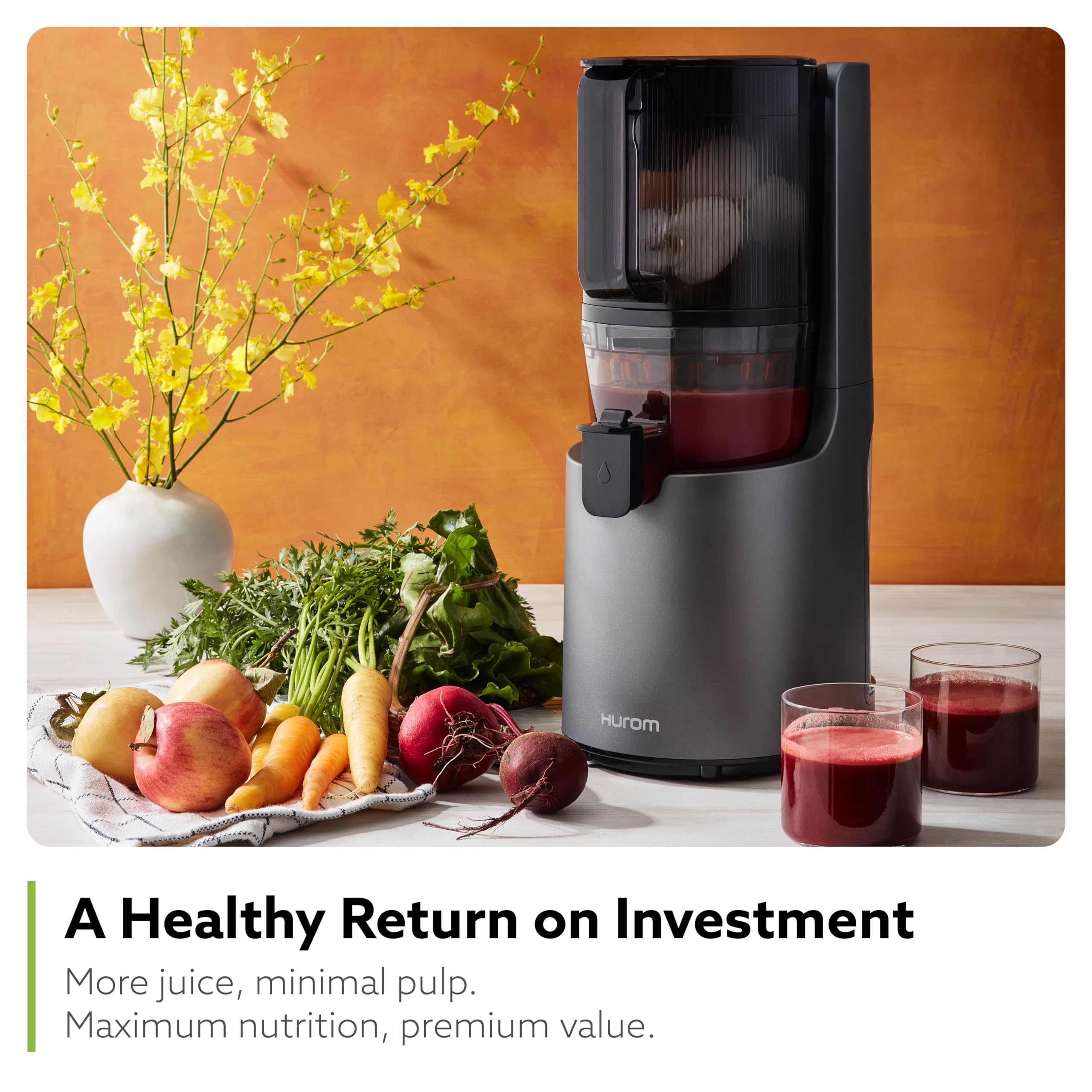 Hurom H-200 Easy Clean Electronic Juicer Machine (White) - Self Feeding Slow Juicer w Big Mouth Hopper to Fit Whole Fruits & Vegetables - Healthy Living - Rinse Clean No Scrub BPA Free Easy Assembly