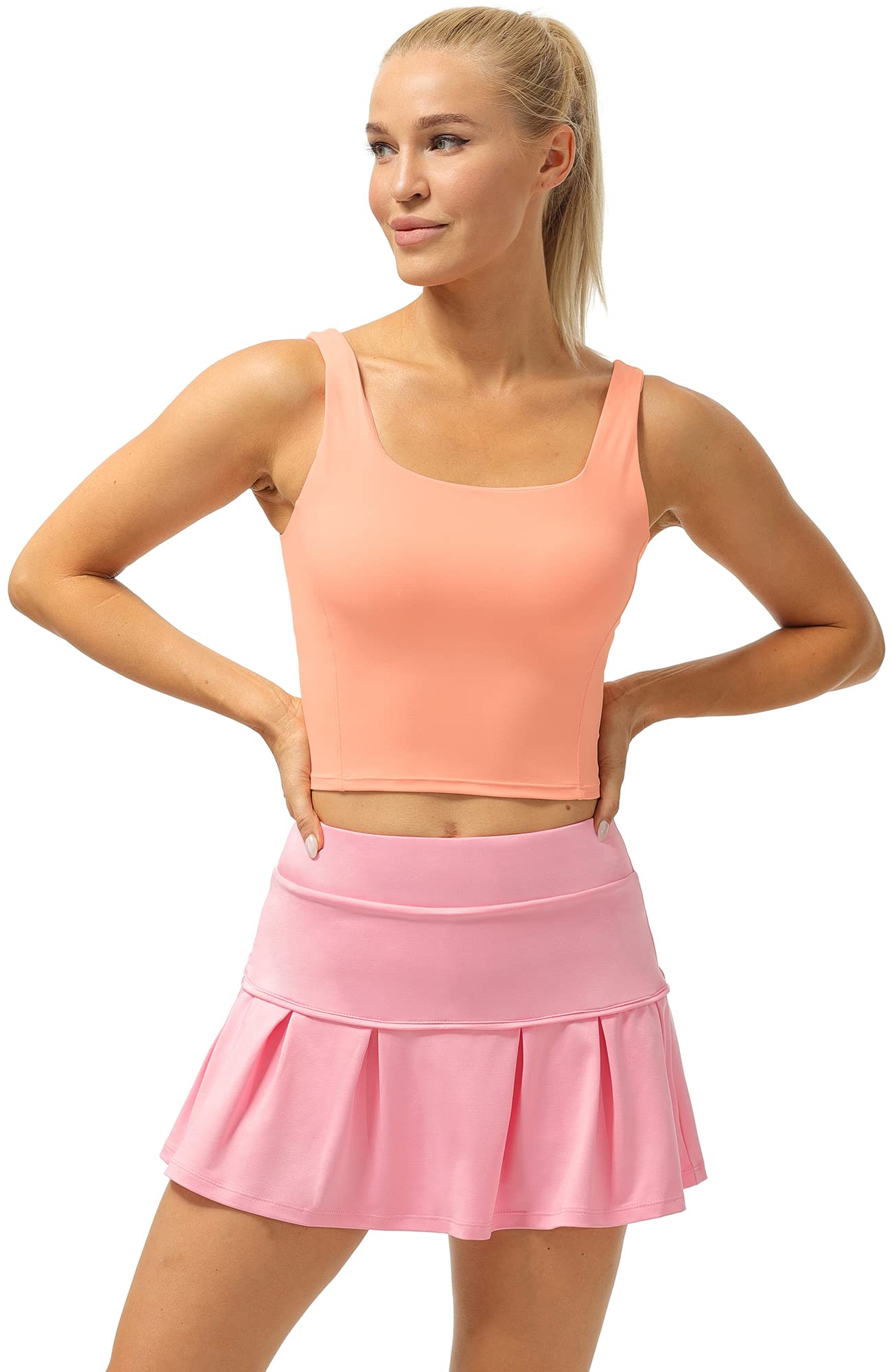 icyzone Women's Cropped Workout Tank Tops with Built in Molded Cup Bra, Square Neck Athletic Yoga Running Tops (Pink, S)