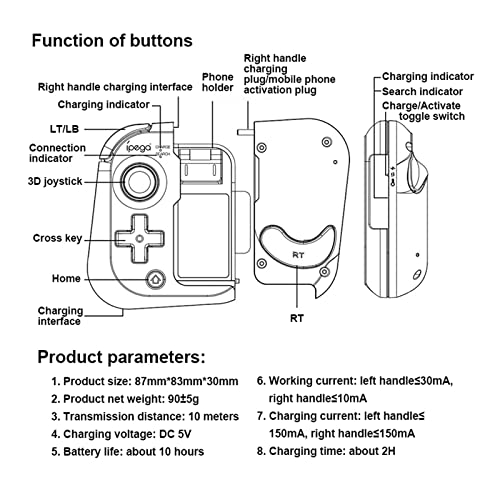 KONSEV Game Controller Compatible with PG-9211 Mobile Phone Gamepad Detached Left & Right Handles Bluetooth Game Controller for iOS Android with Storage Bag Game Accessories