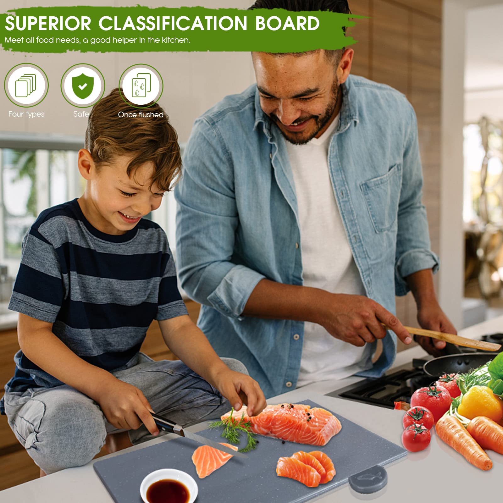 Index Cutting Board Set with Holder,Plastic Chopping Board Set of 4 with Draining Rack,Food Icon,Cutting Boards Dishwasher Safe,BPA Free,Easy to Storage for Kitchen,Send 1 Scissors(12.6" x 8.6")