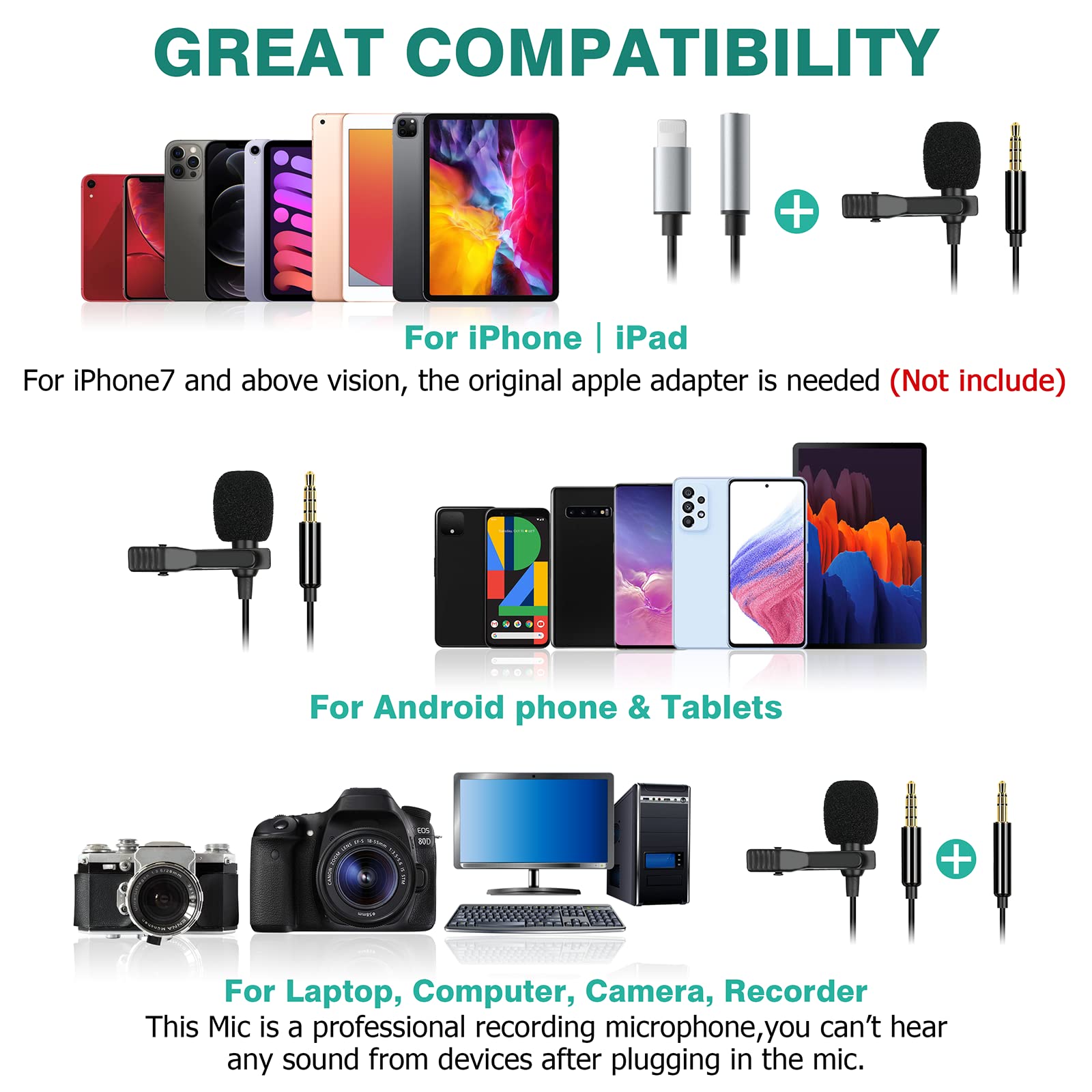 Kedok Professional Lavalier Lapel Microphone Omnidirectional Condenser Mic for iPhone iPad iPod Android Smartphone Laptop PC,Recording YouTube Interview Video Tiktok