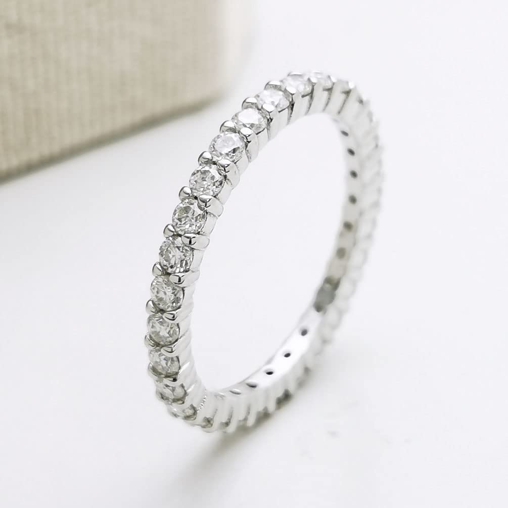 Idocare Full Moissanite Wedding Band Ring, Women's 0.925 Sterling Silver Round 2mm Eternity Bands Size 9