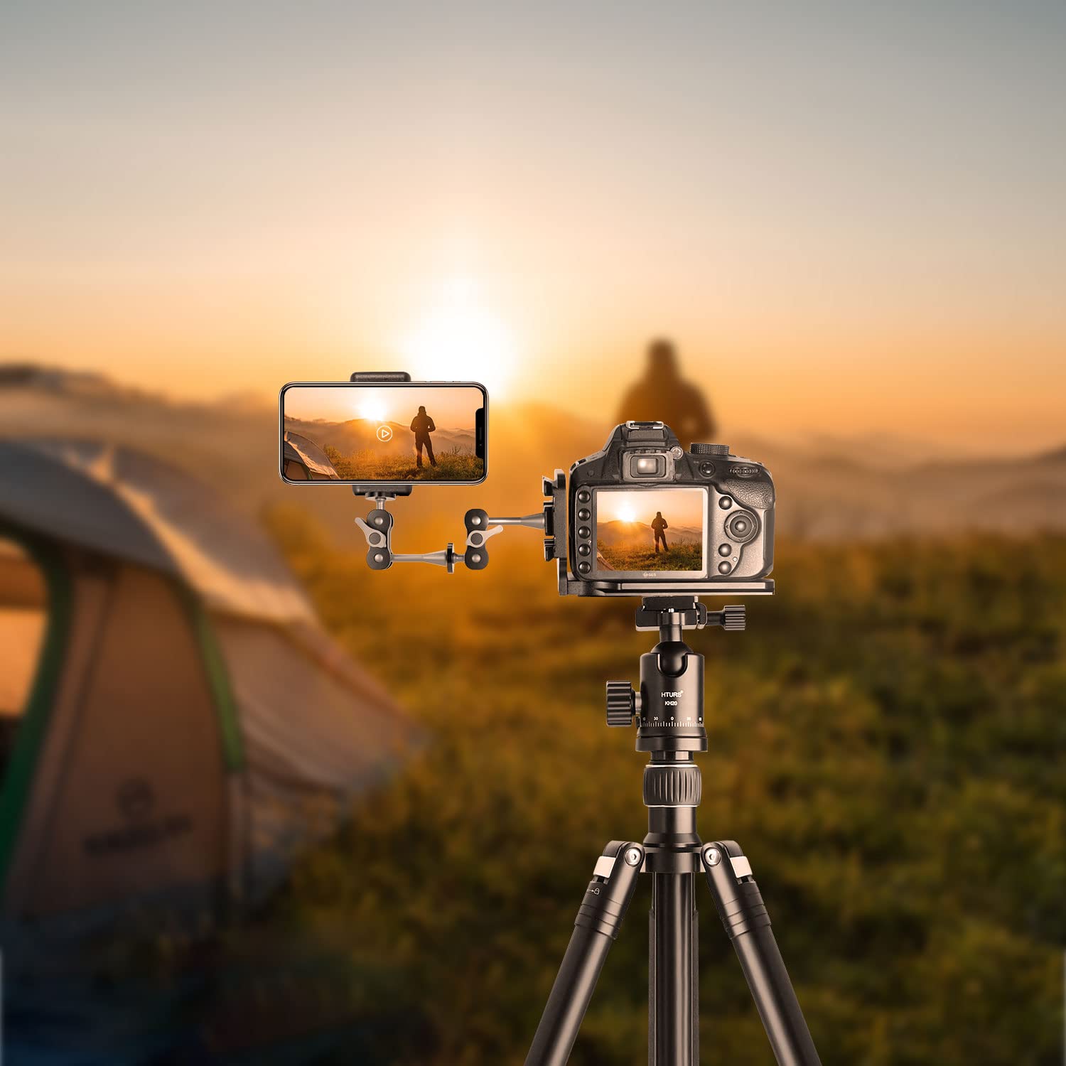 HTURS MA95 Tripod Magic Arm with Dual Ball Head, Attached & Adjustable Mini Magic Arm 1/4" Screw for Monitor, Microphone, LED Video Light, Shoting Device