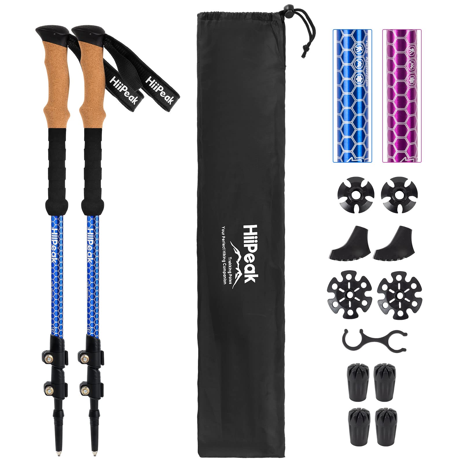 Hiipeak Lightweight Trekking Poles - 1 Pair Adjustable Hiking Sticks- Collapsible Walking Poles - Cork Grip- Aluminum 7075-Quick Flip-Lock for Hiking, Camping & Backpacking