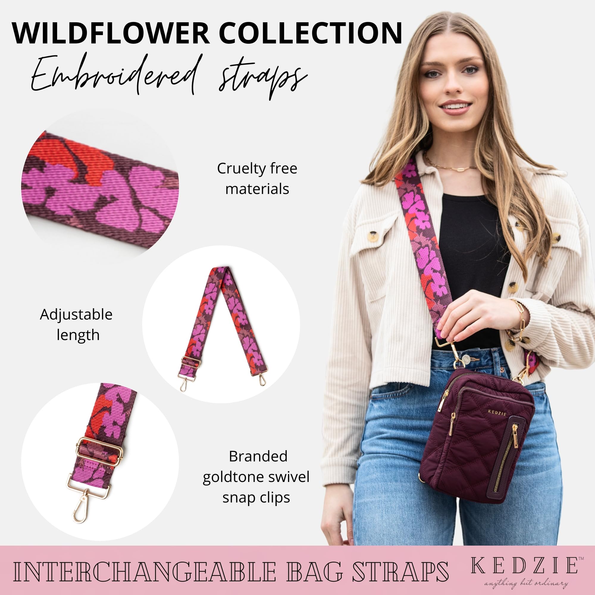 KEDZIE Embroidered Interchangeable Bag Straps Adjustable Length 55” Handbag Purse Strap Replacement 2-inch Wide Guitar Style Crossbody Strap - Rosewood