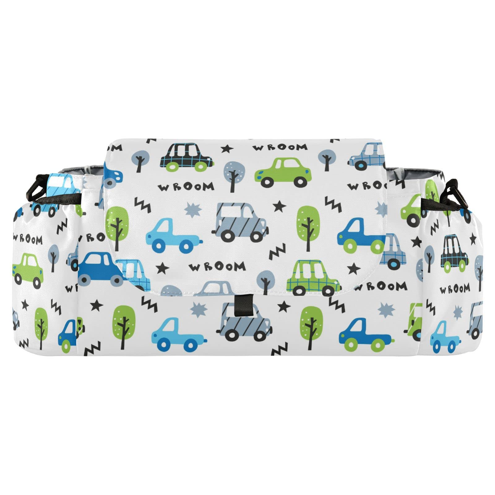Kigai Cartoon Cars Baby Stroller Organizer with Cup Holders, Secure Hooks Accessories Adjustable Strap Stroller Bag for Bottle, Diaper, Phone, Toys, Baby Items