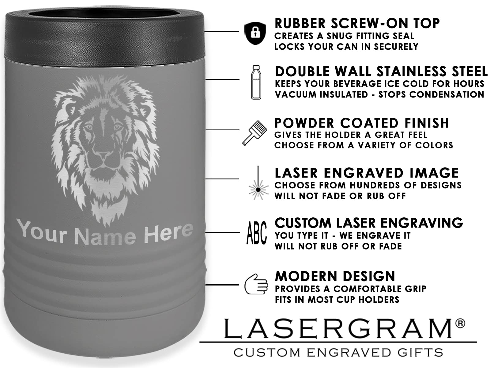 LaserGram Double Wall Insulated Beverage Can Holder, Backhoe Loader, Personalized Engraving Included (Standard Can, Gray)