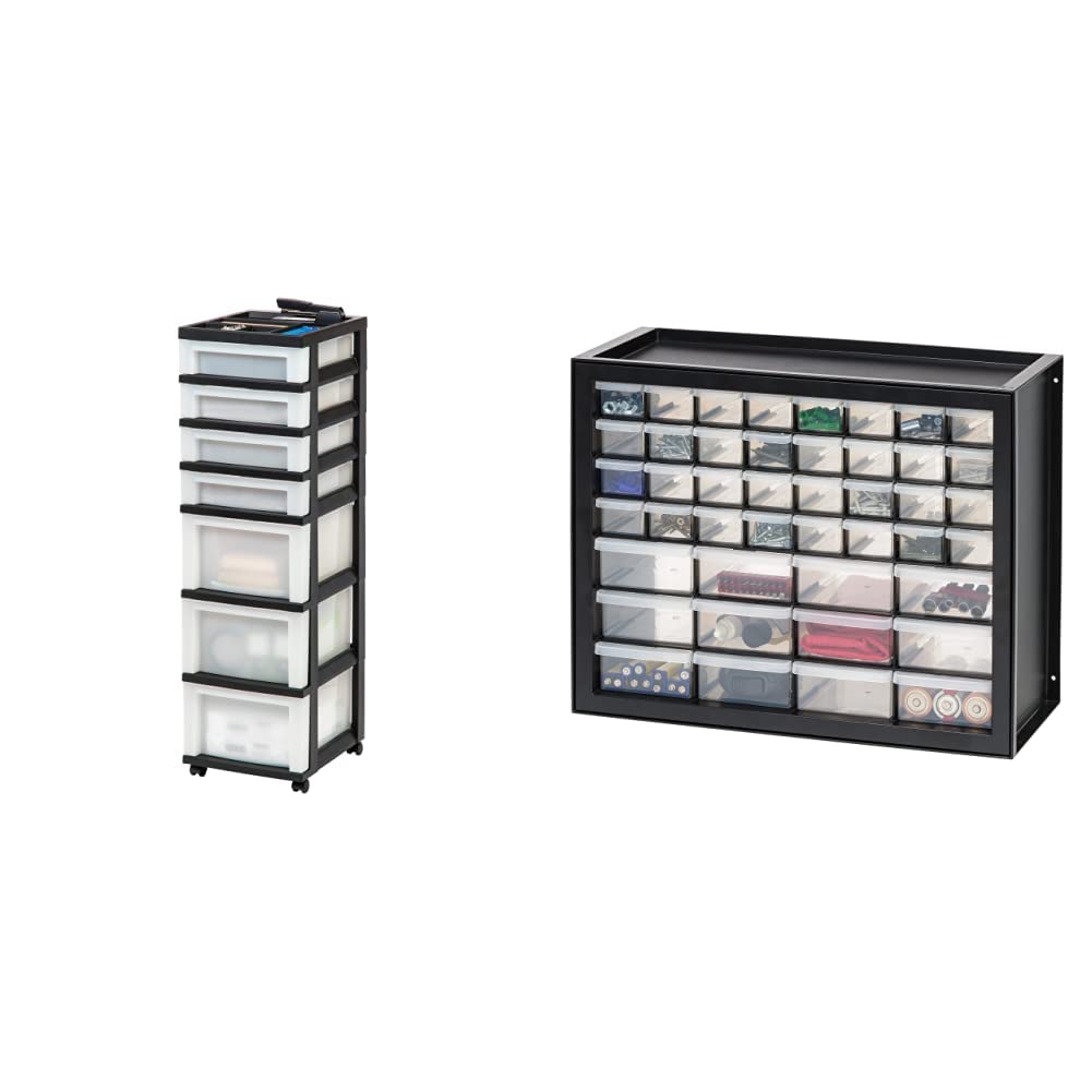 IRIS USA 7-Drawer Storage Cart with Organizer Top and 44 Drawer Parts Cabinet, Black