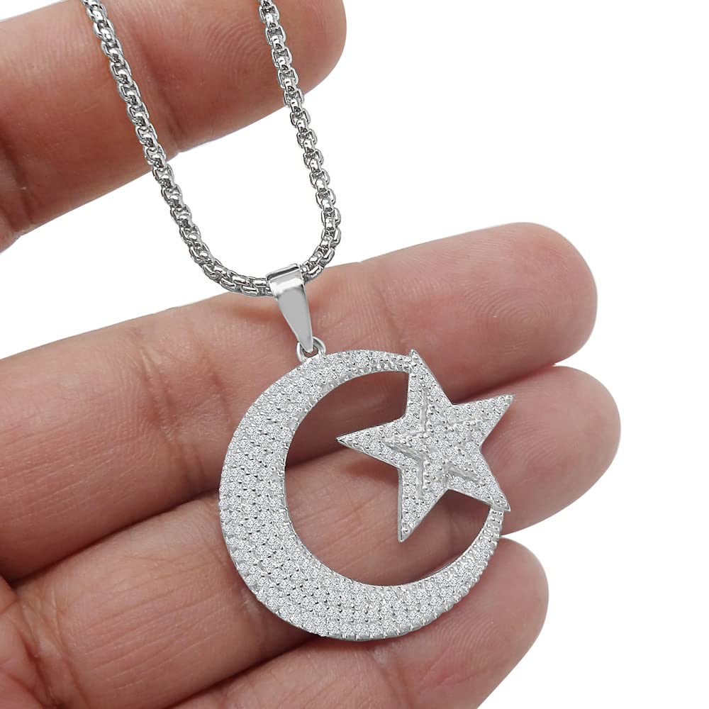 JewelBooth Real Genuine Sterling Silver Allah Muslim Islamic Crescent Moon and Star Charm Simulated Diamond Pendant Chain Neckless Set Small 1.35'' (White Gold/White CZ)